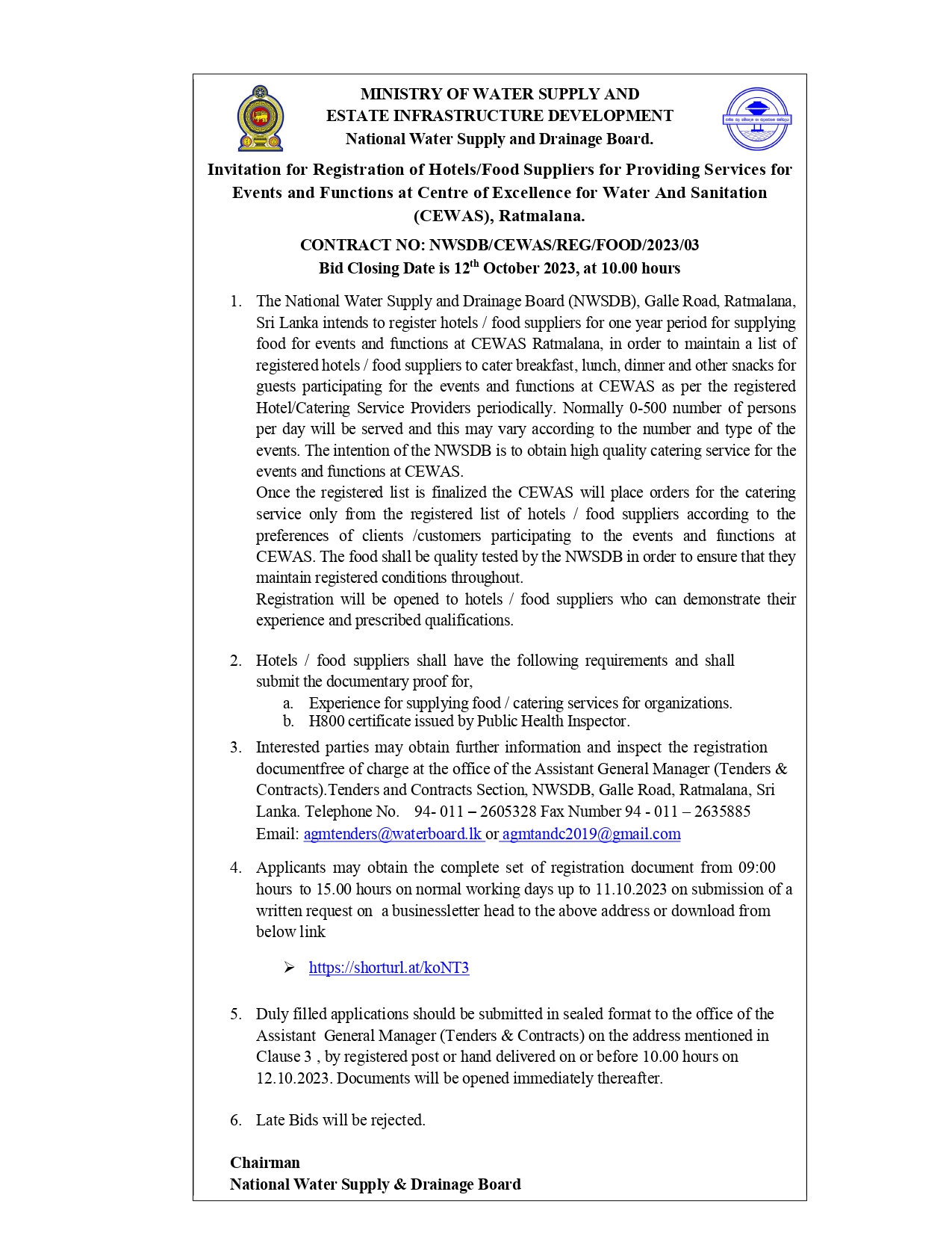 Invitation for Registration of Hotel / Food Suppliers for Providing ...